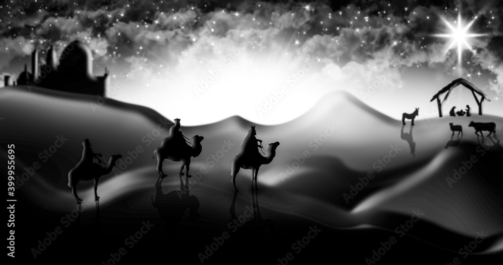 Christmas Nativity Scene Of Three Wise Men Magi Going To Meet Baby ...