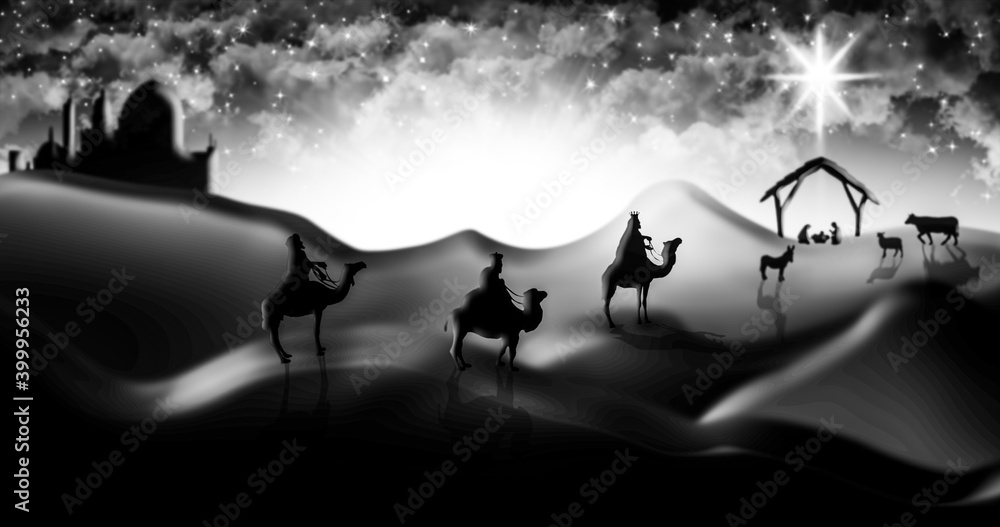 Christmas Nativity Scene Of Three Wise Men Magi Going To Meet Baby ...