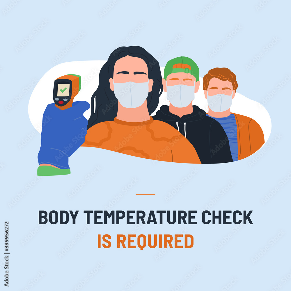 People standing in line to check body temperature and hand holding ...