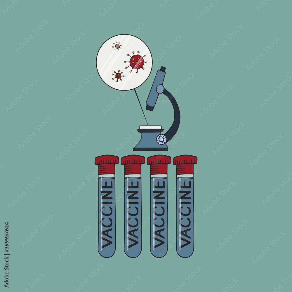 Test tubes with coronavirus vaccine and the microscope with a search ...