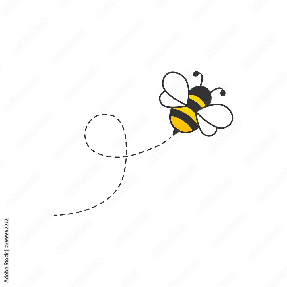 Cute bee with dotted route. Flying cartoon bee character. Vector animal ...
