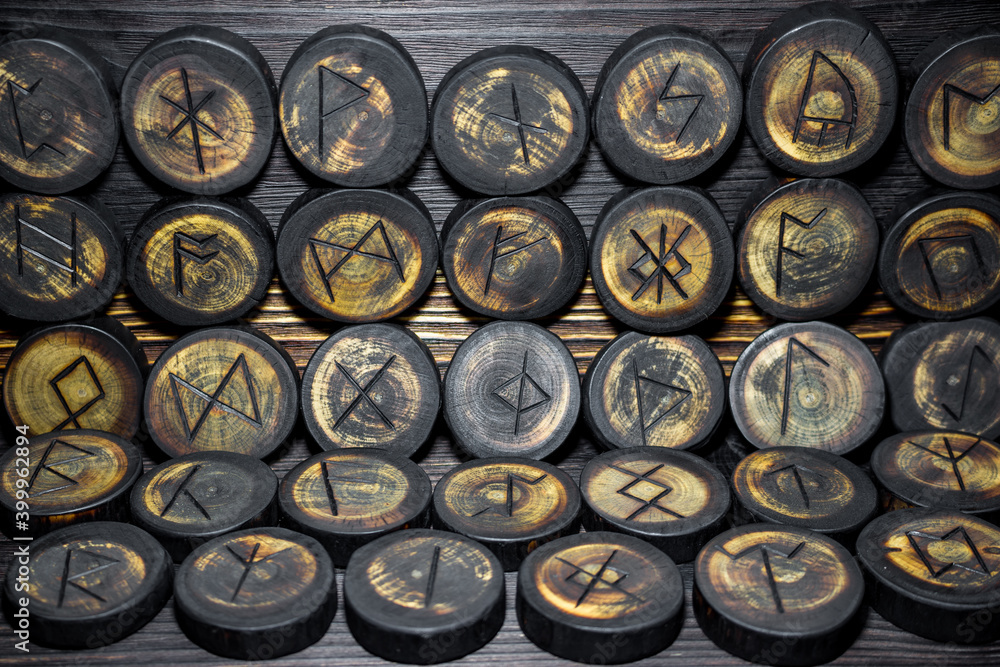 Runes carved from wood on the vintage wood background, Anglo-Saxons ...