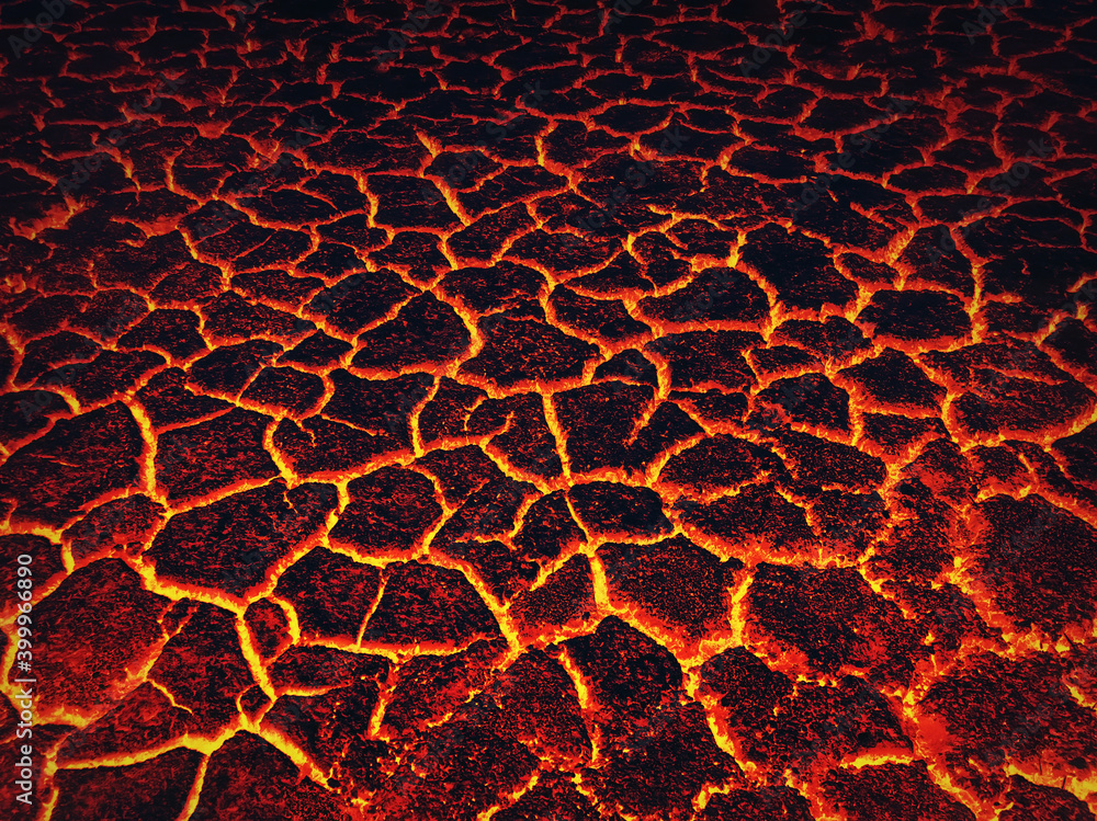 Heat red cracked ground texture burning after volcano eruption. Molten ...