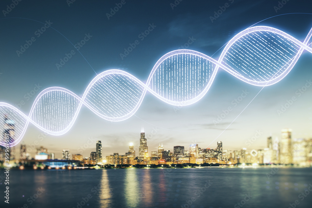 DNA hologram on Chicago office buildings background, biotechnology and ...
