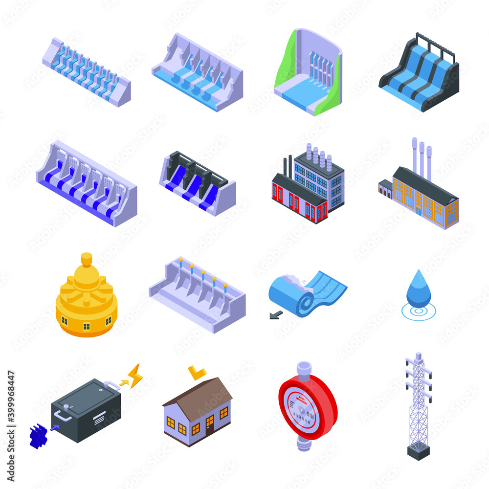 Hydro power icons set. Isometric set of hydro power vector icons for ...