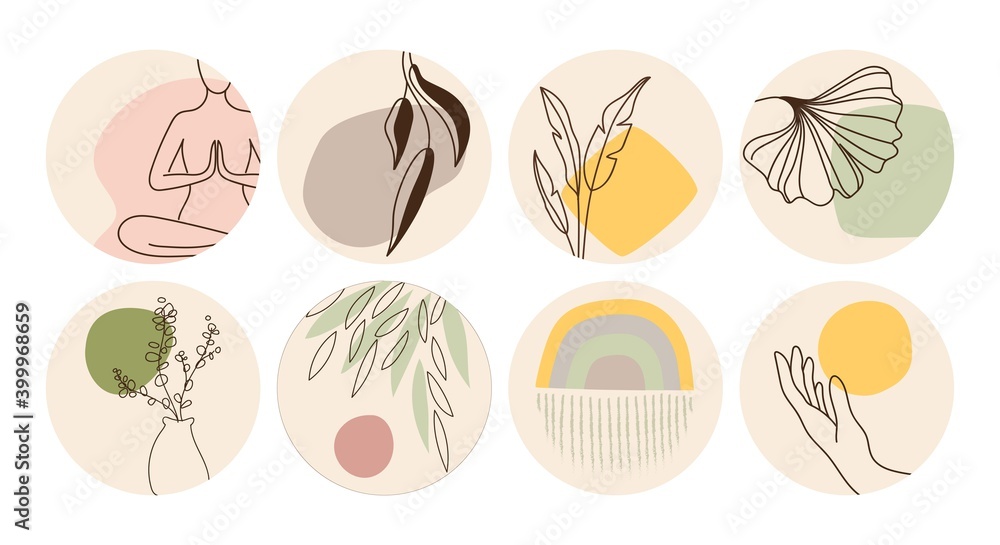 Vector set of round boho icons and emblems for social media story ...