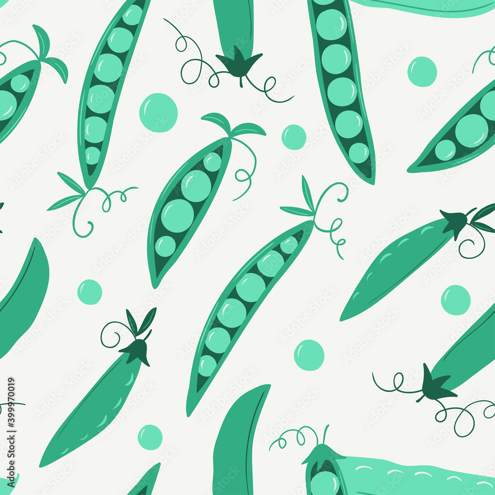 Seamless pattern with green pea pods on a beige background. vector ...