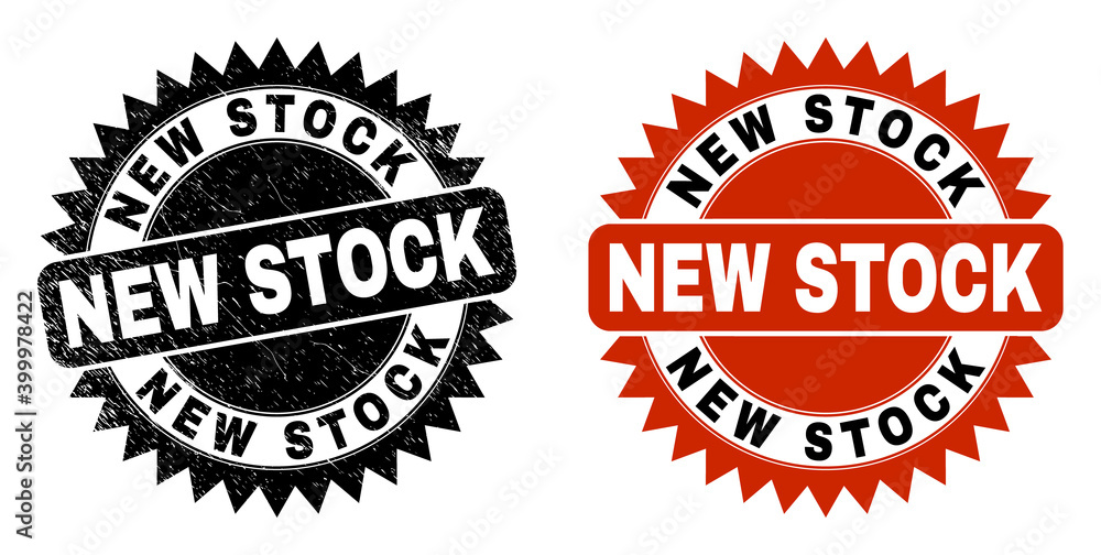 Black rosette NEW STOCK seal stamp. Flat vector distress watermark with ...