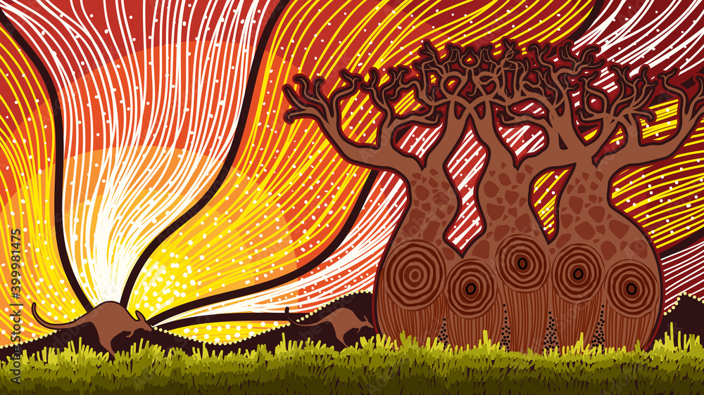 Nature painting with boab tree Stock Vector | Adobe Stock