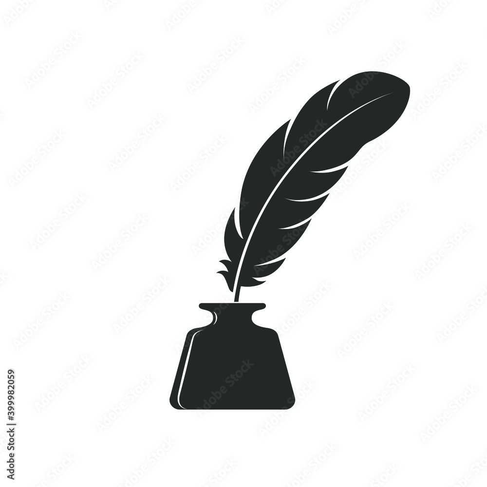Inkwell and feather graphic icon. Ink feather in the inkwell sign ...