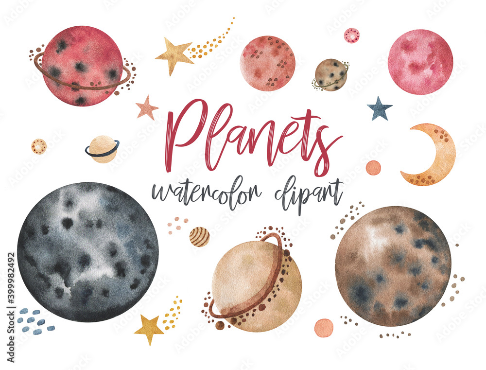 Watercolor Space Planets Clipart. Watercolor Galaxy set. Cosmos, cosmic ...
