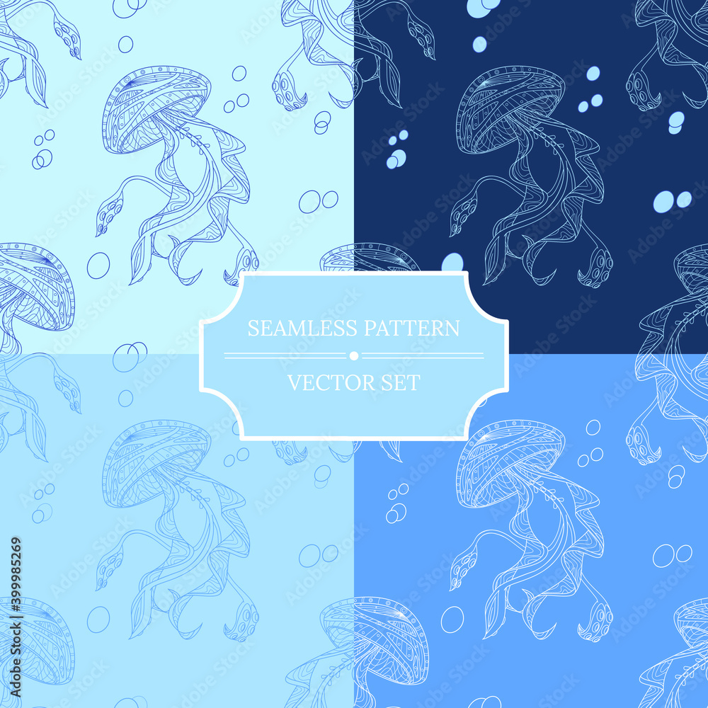 Set of seamless vector patterns with jellyfish. Collection of vector ...