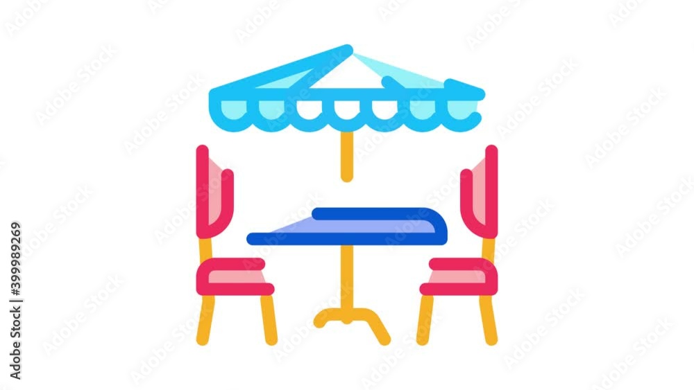 cafe table chairs and umbrella Icon Animation. color cafe table chairs ...