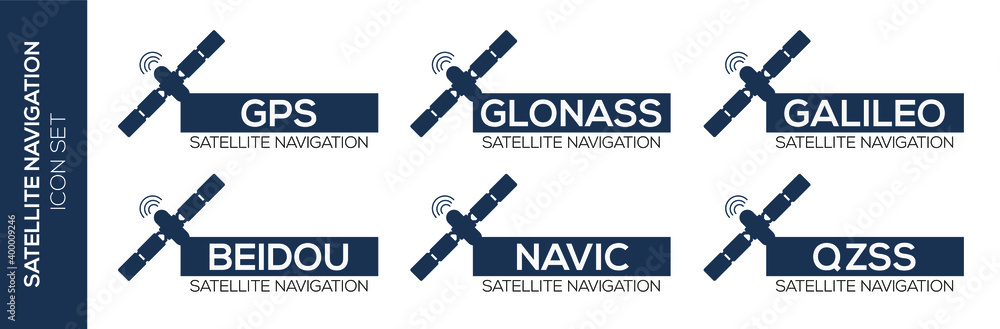 Satellite navigation system icons, GPS, GLONASS, Galileo, BeiDou, NavIC ...