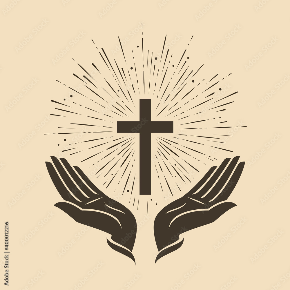 Glowing cross with hands symbol. Church logo vector Stock Vector ...