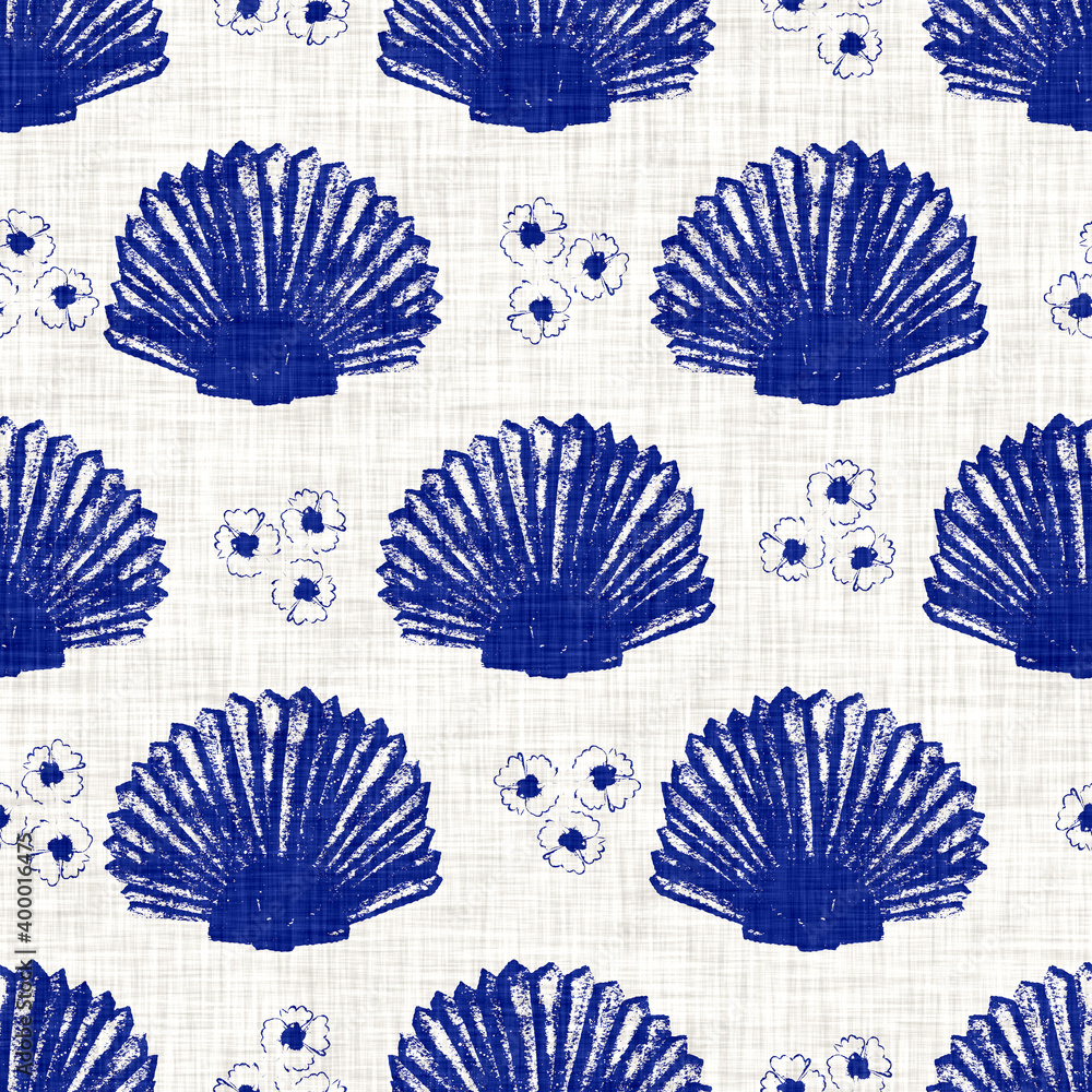 Aquatic blue sea shell on cream linen texture background. Summer ...