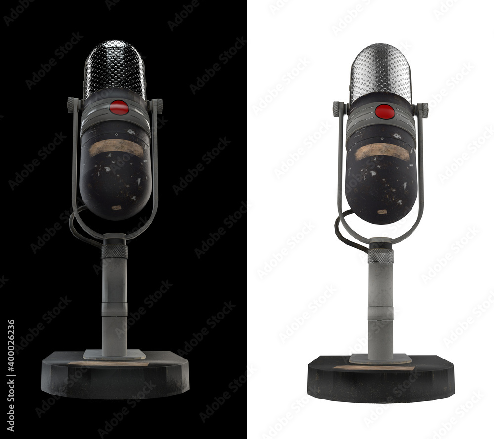 Old and vintage broadcast microphone front view with black and white ...