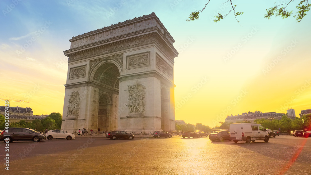 Paris, France - 5 May, 2017: Traffic drives along Arc de Triomphe ...