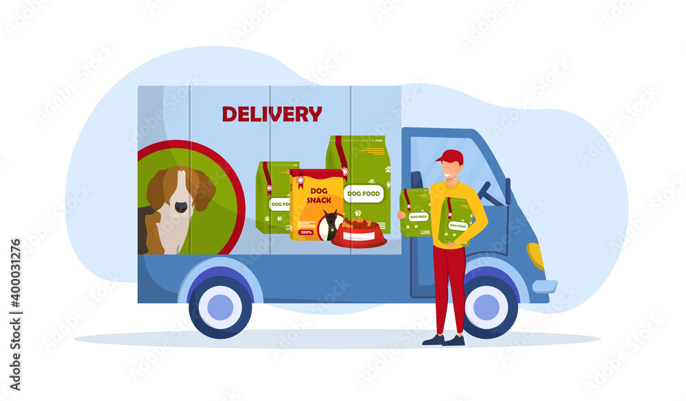 Smiling male courier delivering dog food. Delivery boy truck with dog ...