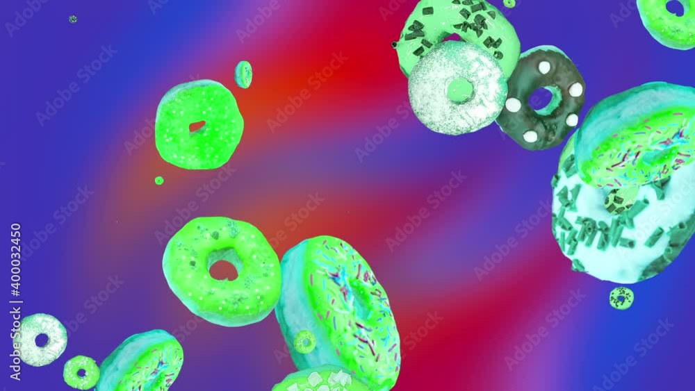 Flying many colorful color-changing donuts on an abstract background ...