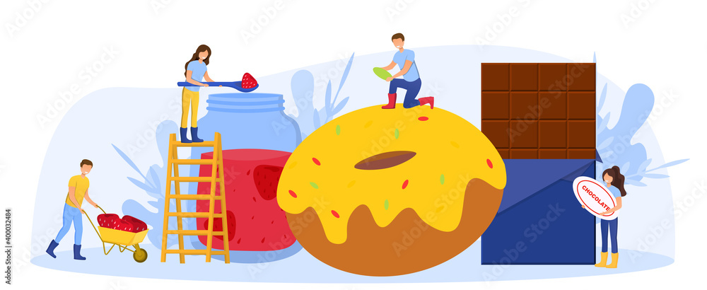 Production of sweets food. Happy male and female characters making ...