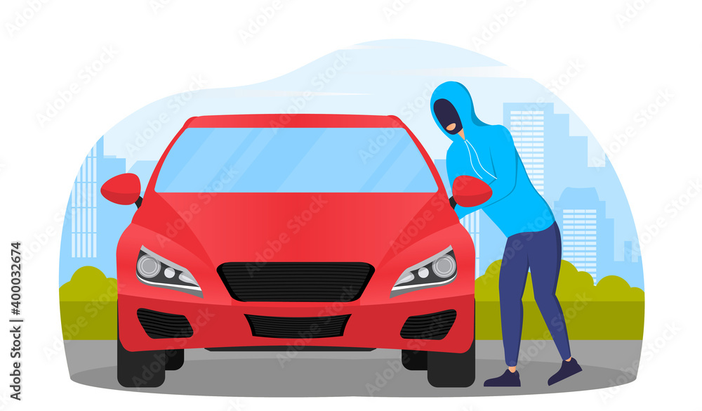 Thief in black mask stealing red car. Concept of vandalism and burglary ...