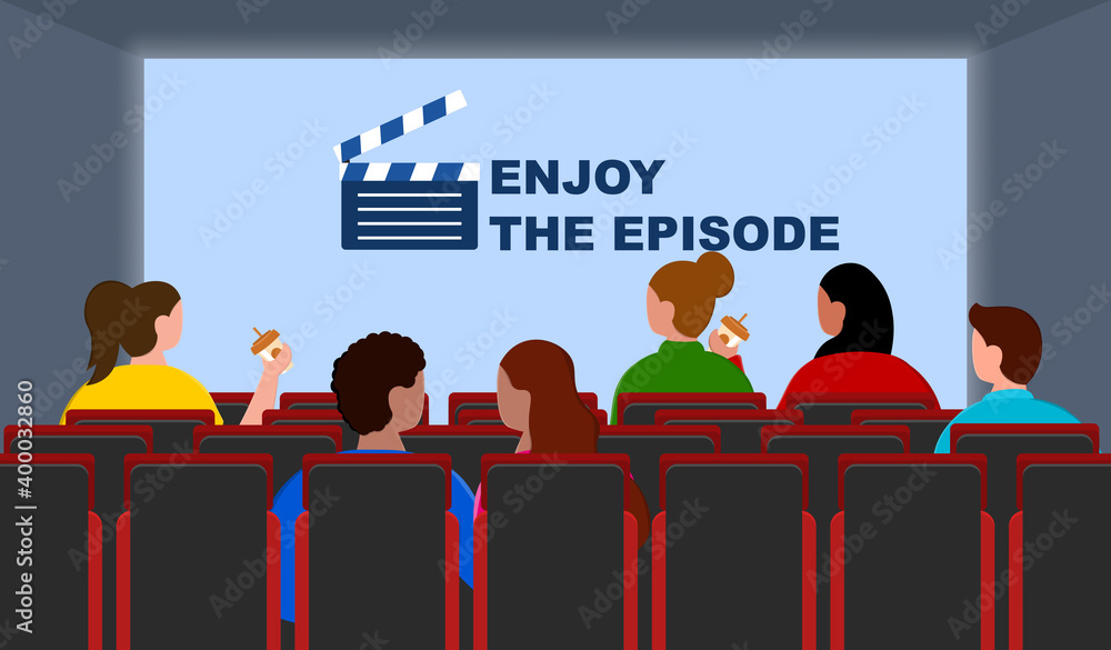 Experience of watching movie in cinema with people. Spectators eating ...