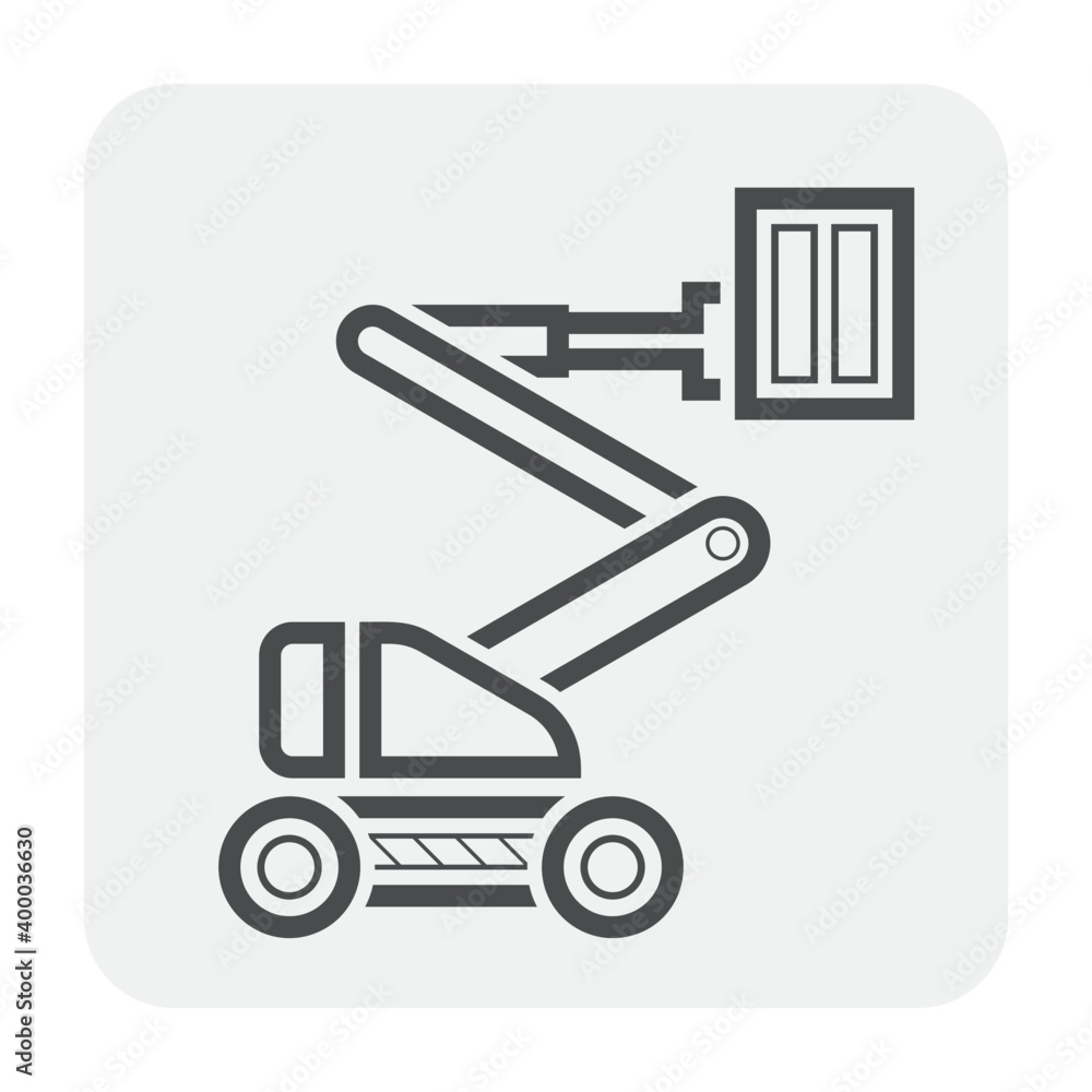 Boom lift or cherry picker vector icon. Aerial work platform or ...