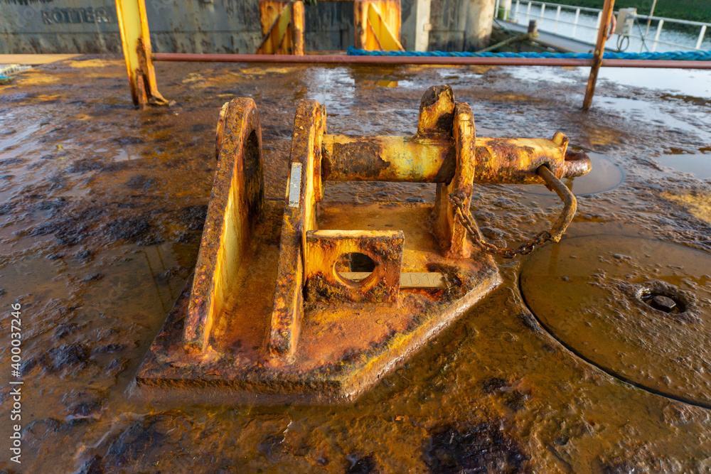 Smit bracket, used on barge for connecting bridle. Rusty old barge and ...