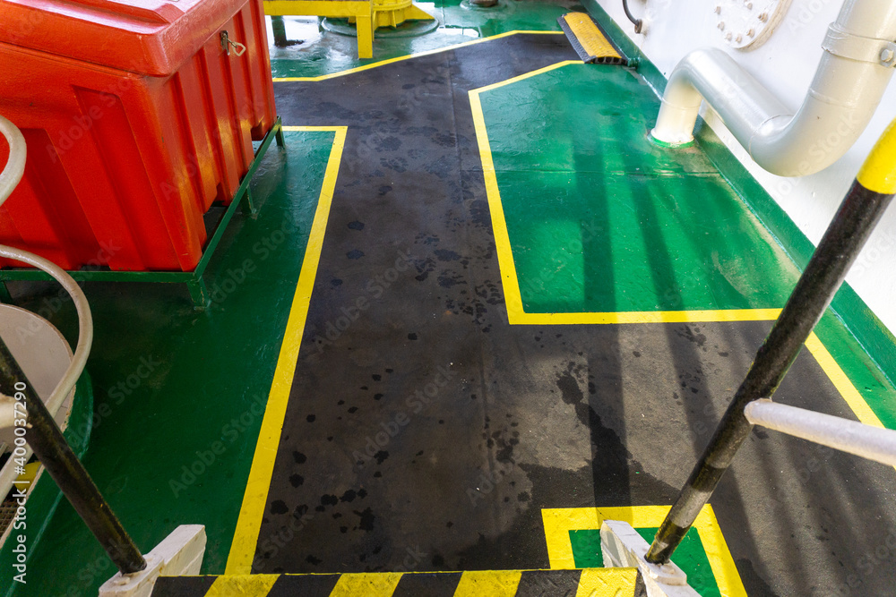 Safety walkway on ships deck. Yellow black anti-slip safety walkway for ...