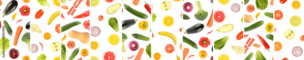 Panoramic skinned from whole and cut vegetables and fruits separated by ...