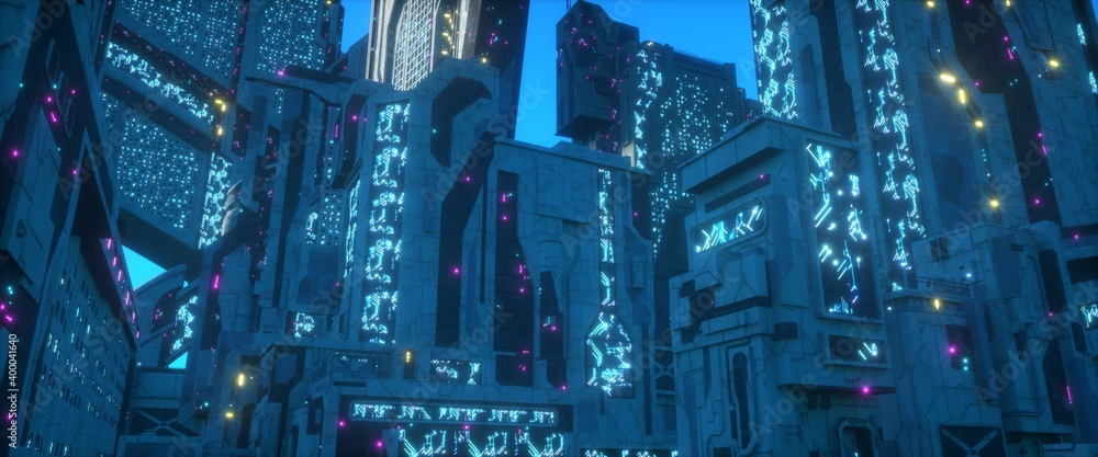 Cyberpunk city. Neon urban future. Evening futuristic city. Wallpaper ...