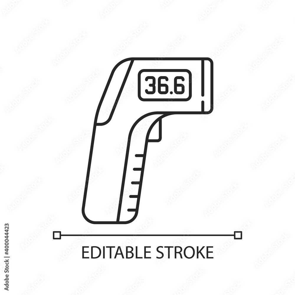 Infrared thermometer linear icon. Measuring temperature from distance ...