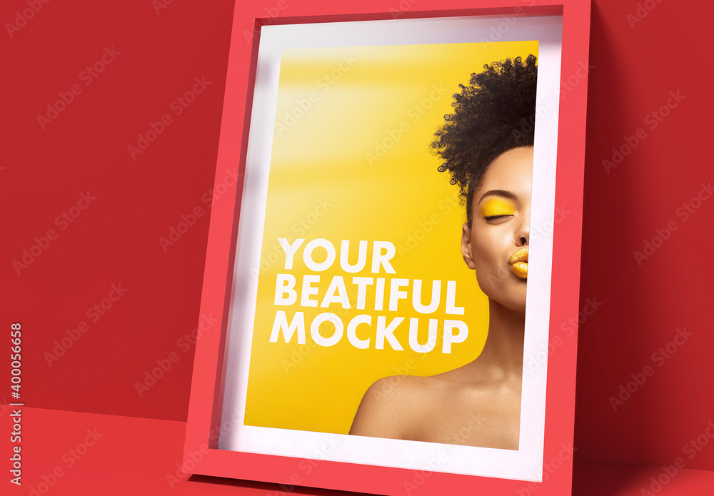 Frame on Red Wall Mockup Stock Template | Adobe Stock