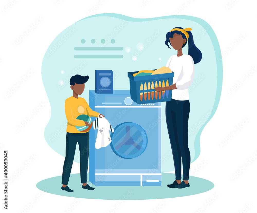 Mother teaches son how to wash clothes. Little kid helping mom doing ...