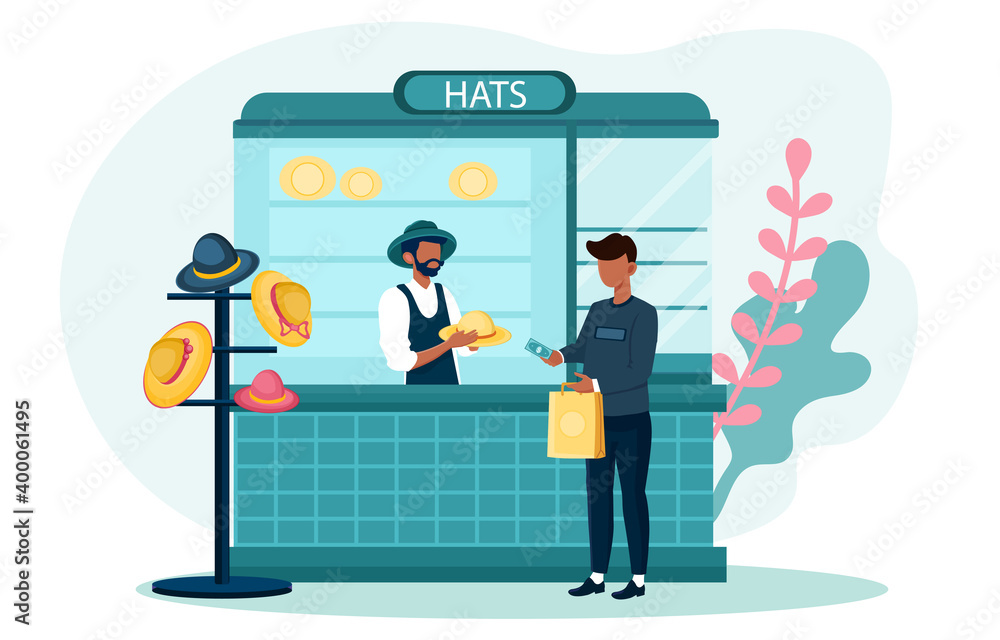 Male character buying hat in hat shop. Small hat store interior ...