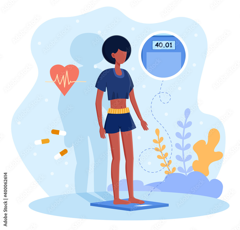 Young skinny woman standing on bathroom scale. Female character with ...