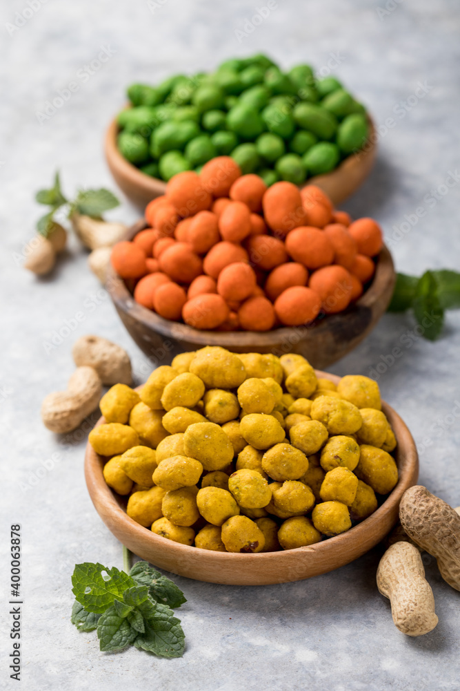 Assortment of different peanuts snack for beer, wine, party bar. Salted ...