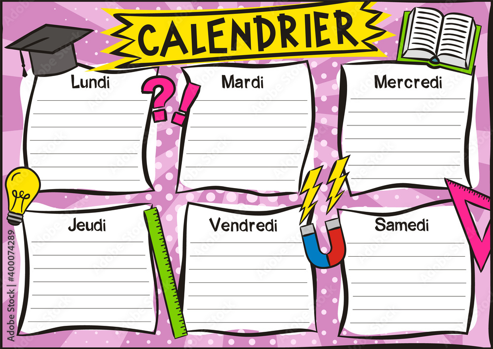 French Bright template of a school schedule for 6 days of the week for ...