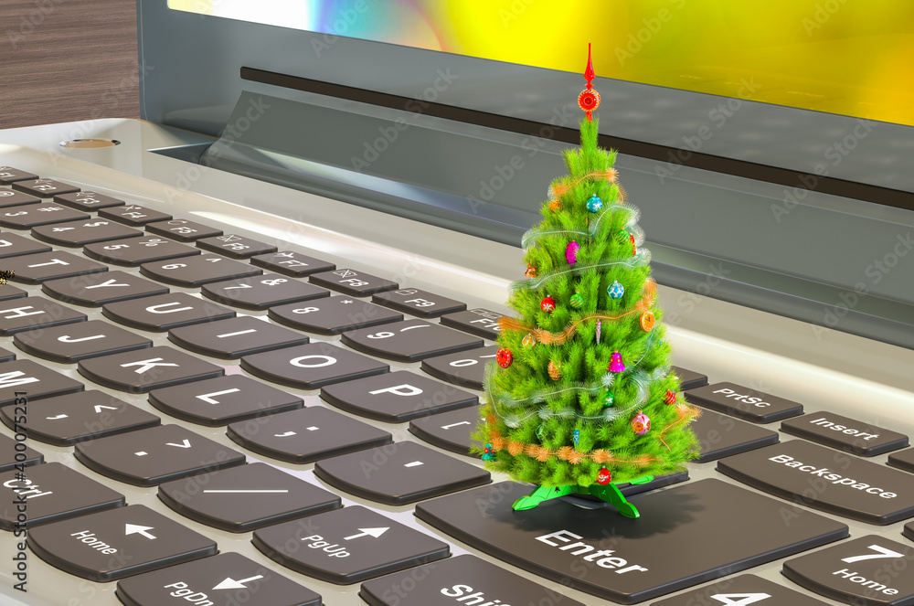 Christmas tree on the keyboard of laptop, 3D rendering Stock ...
