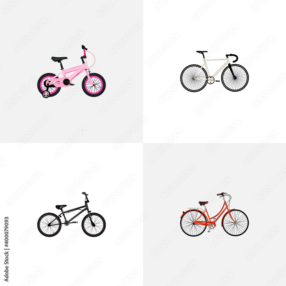 Set of bike realistic symbols with track cycle, kids, old and other ...