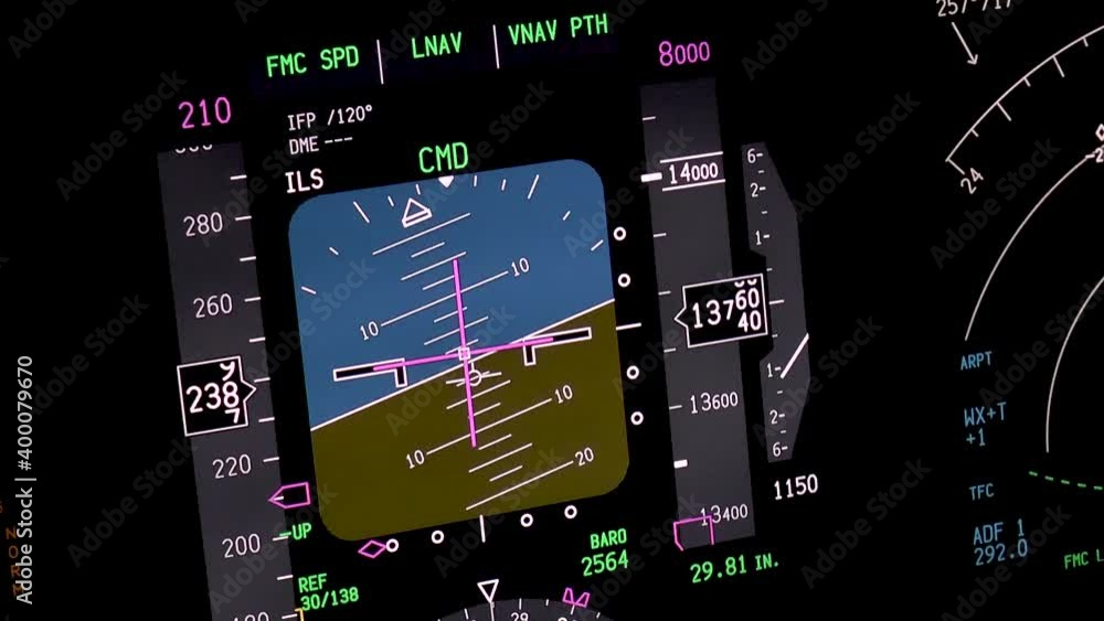 Flight instruments panel of a modern passenger airplane flying at night ...