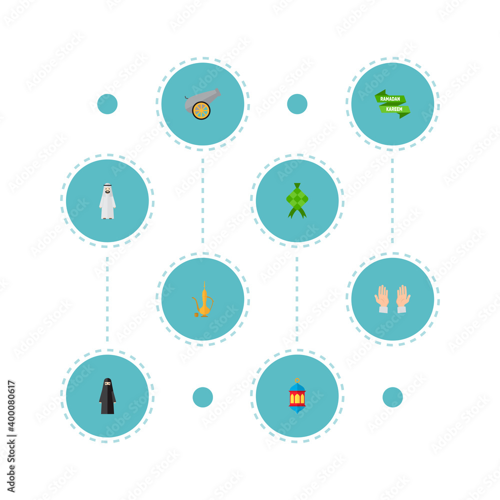 Set of ramadan icons flat style symbols with prayer hands, muslim male ...