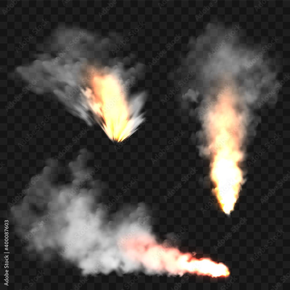 Realistic smoke clouds and fire. Flame blast, explosion. Stream of ...