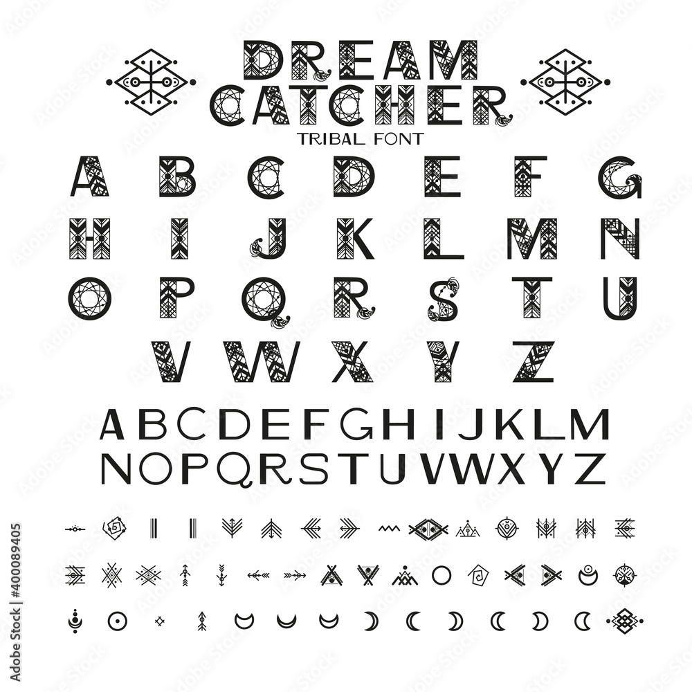 Tribal Alphabet and ornaments. Letters and symbols in geometric ethnic ...