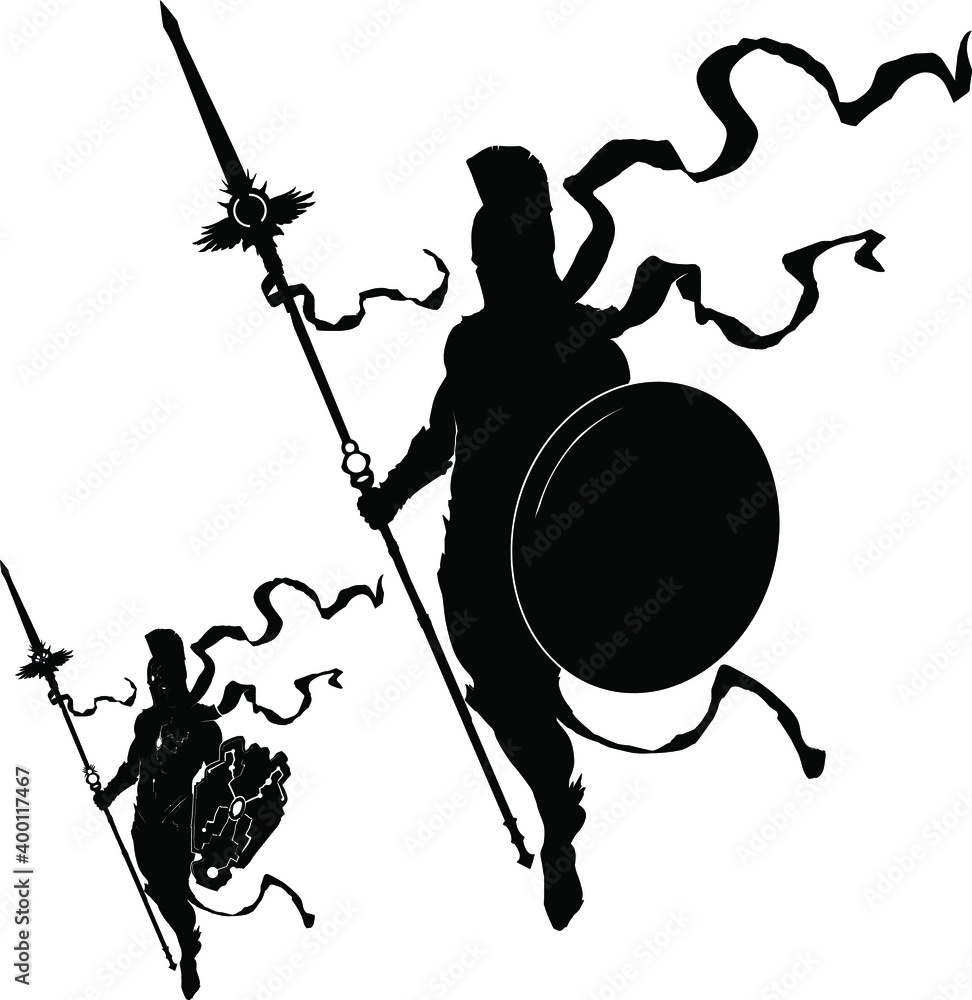 A black silhouette of a Greek god floating in the air with a round ...