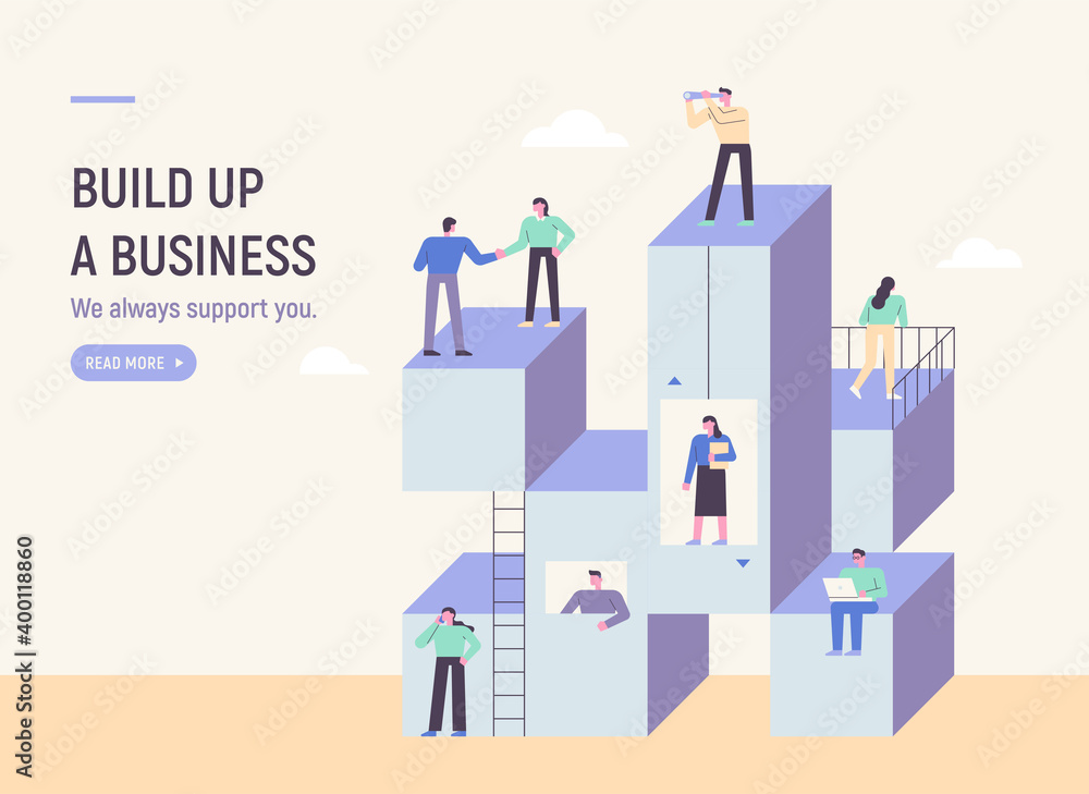 Business build-up concept web template. Buildings represented by boxes ...