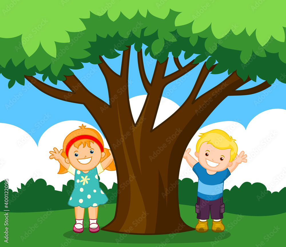 Happy Kids Near a Tree , Save tree Vector Illustration Stock Vector ...