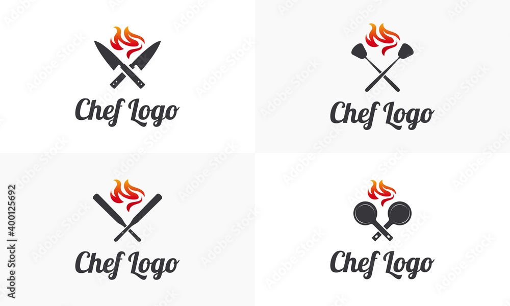 Set of Chef Logo designs concept with fire symbol, Restaurant logo ...