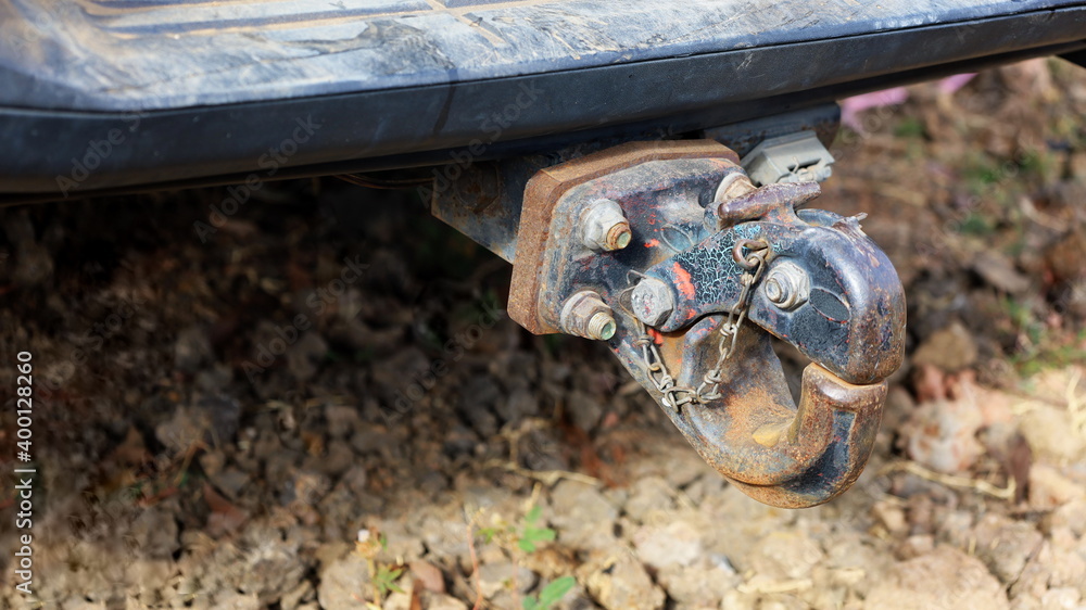 Tow bar behind the truck. Trailer Hitch is rusty for towing a trailer ...